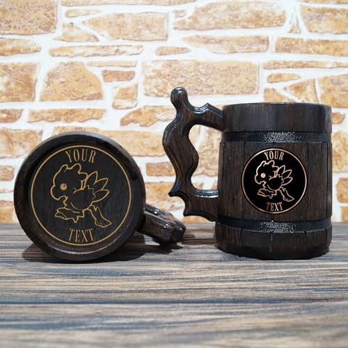 Chocobo Beer Mug, 22 oz, FF Beer Stein, Beer Mugs with Handles, Gamer Gift, Personalized Wooden Beer Tankard, Custom Gift for Men, Gift for Him