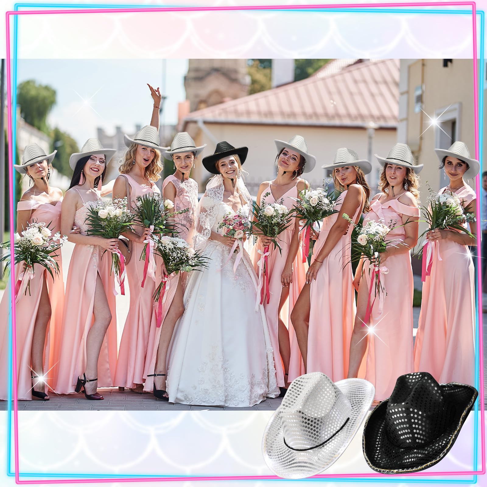 Bokon 12 Pcs Lighted Hat Bulk LED Flashing Bride Hat for Wedding Western Bridal Shower Decoration(Black, Silver,Classic Style)