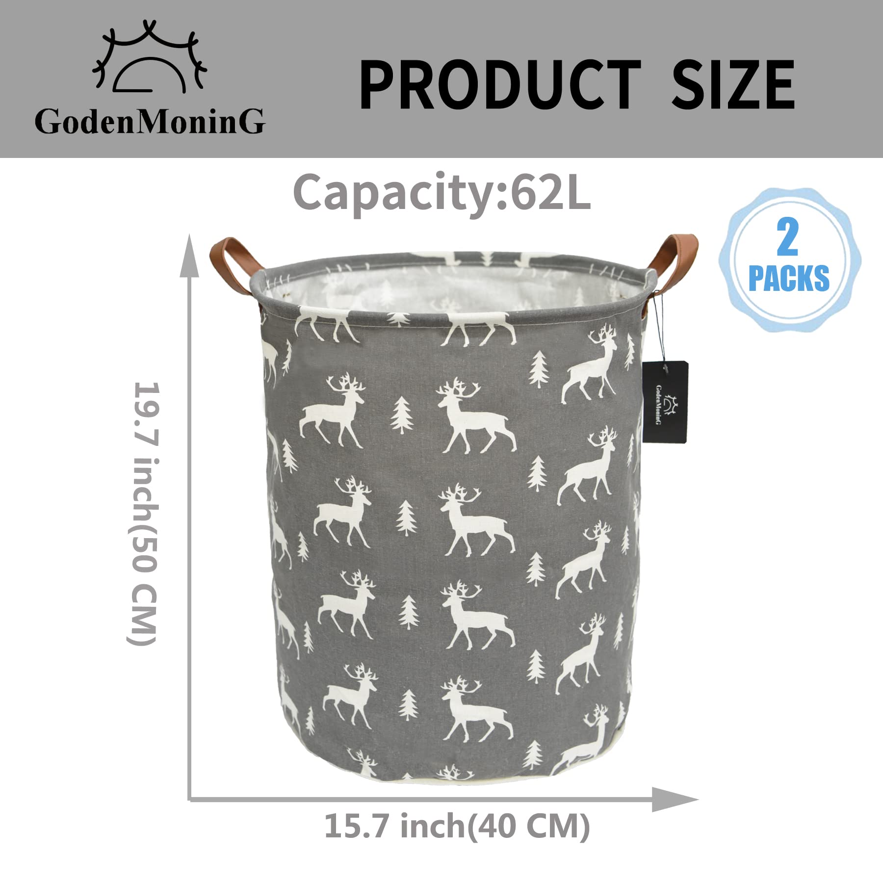 Collapsible Laundry Basket - GodenMoninG 2X 62.8L Large Sized Round Waterproof Storage Bin with Leather Handles,Home Decor,Toy Organizer,Children Nursery Hamper.(2 PACKS,Grey Deer X2)