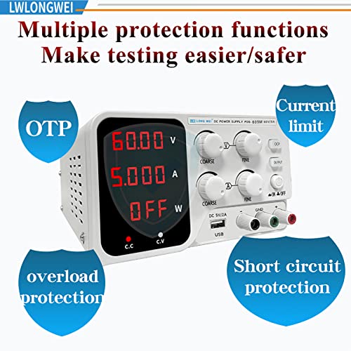 DC Power Supply Variable,60V 5A 300W Adjustable Switching Regulated, DC Bench Power Supply with 4-Digits LED Power Display 5V/2A USB Output, Coarse and Fine Adjustments White