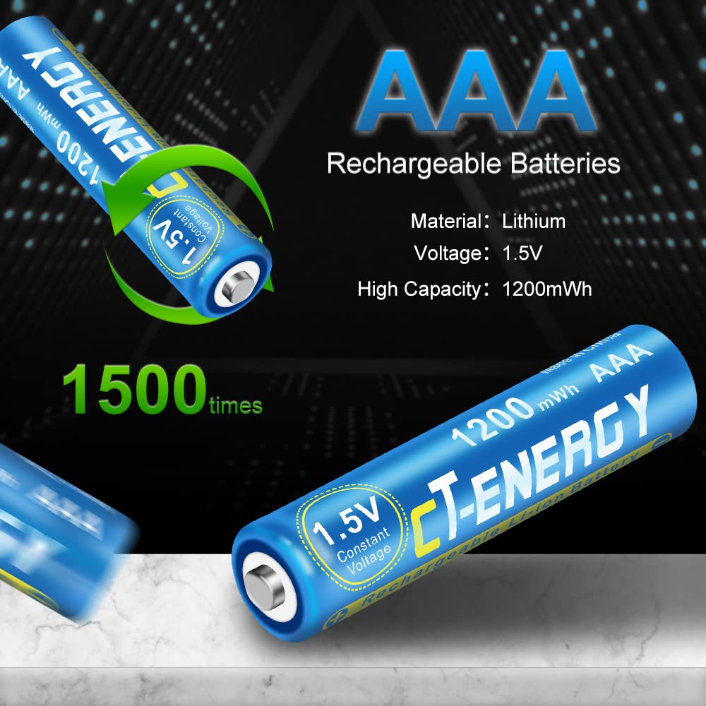 CT-ENERGY 4 Pack Rechargeable AAA Lithium Batteries,1.5V Rechargeable Triple A Battery 1200mWh