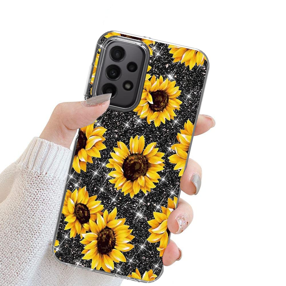 DDTKZC for Samsung Galaxy A23 5G Case,Samsung A23 5G Case Tempered Glass Protector Lustre Pattern-Sparkle 3 in 1 Clear Shockproof Case for Samsung A23 5G (Yellow Sunflower)