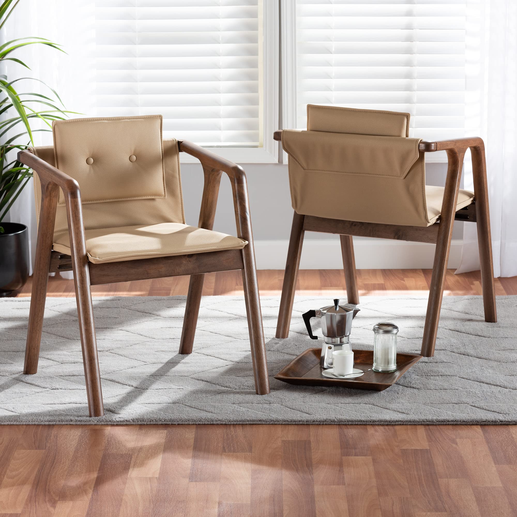 Baxton Studio Marcena Dining Chair Set Beige Imitation Leather Upholstered and Walnut Brown Finished Wood 2-Piece Dining Chair Set