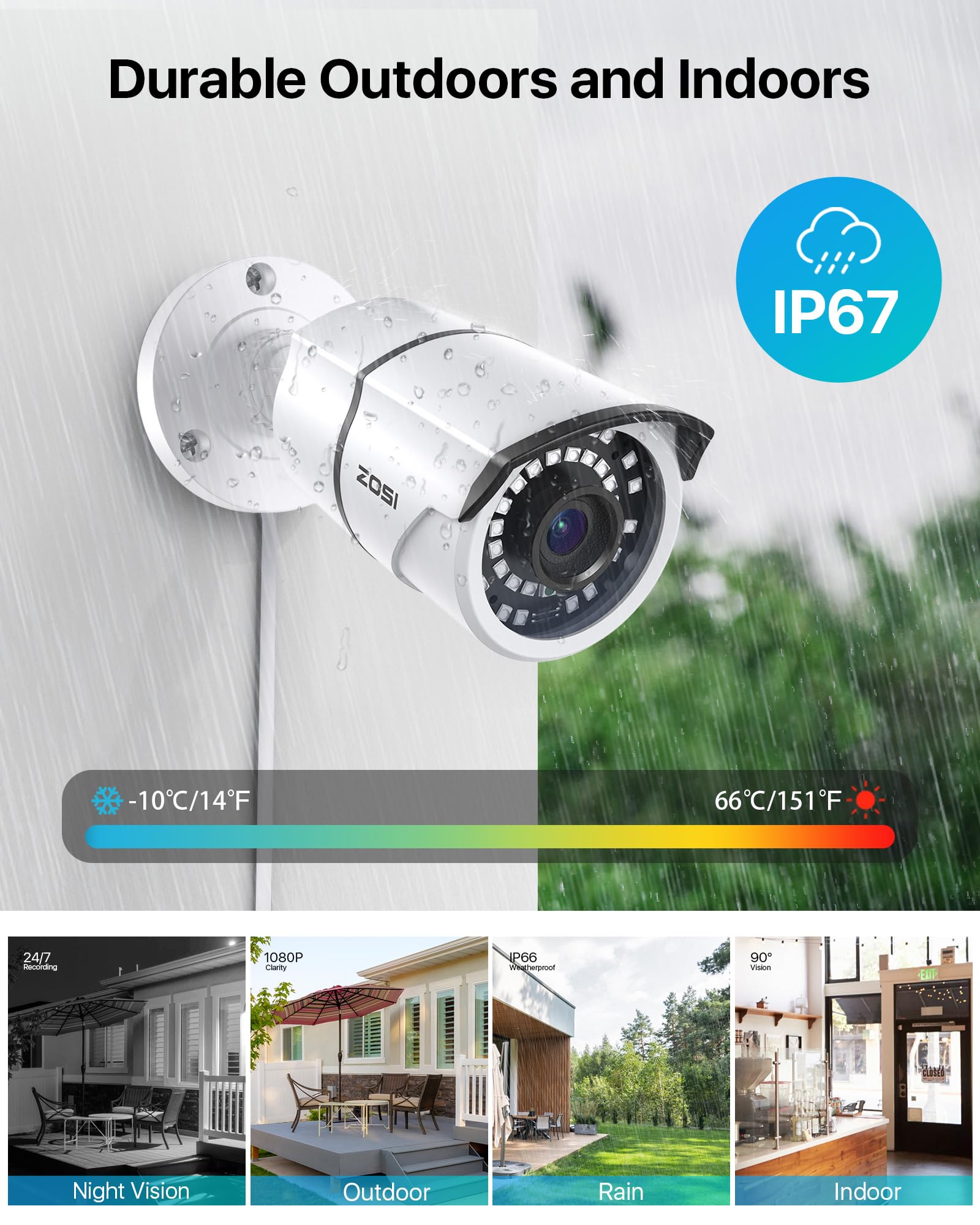 ZOSI 2MP 1080p Security Camera Outdoor Indoor (Hybrid 4-in-1 CVI/TVI/AHD/960H Analog CVBS), Night Vision, Weatherproof Surveillance CCTV Bullet Camera