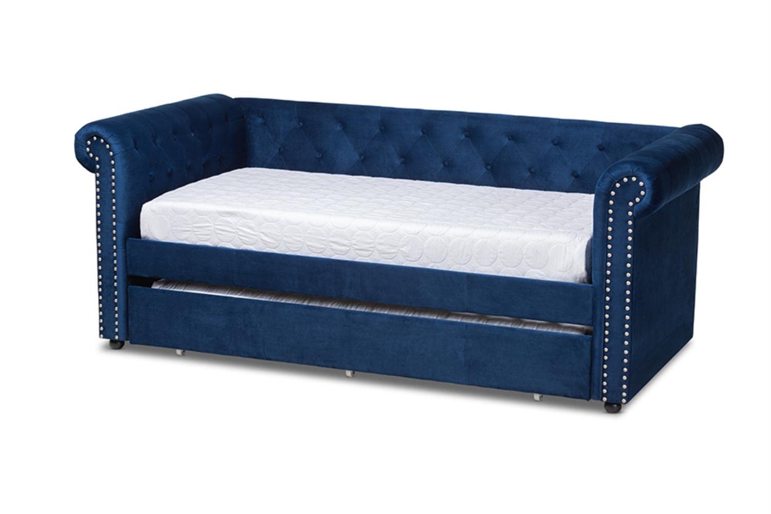 Baxton Studio Mabelle Velvet and Wood Twin Daybed with Trundle in Navy Blue