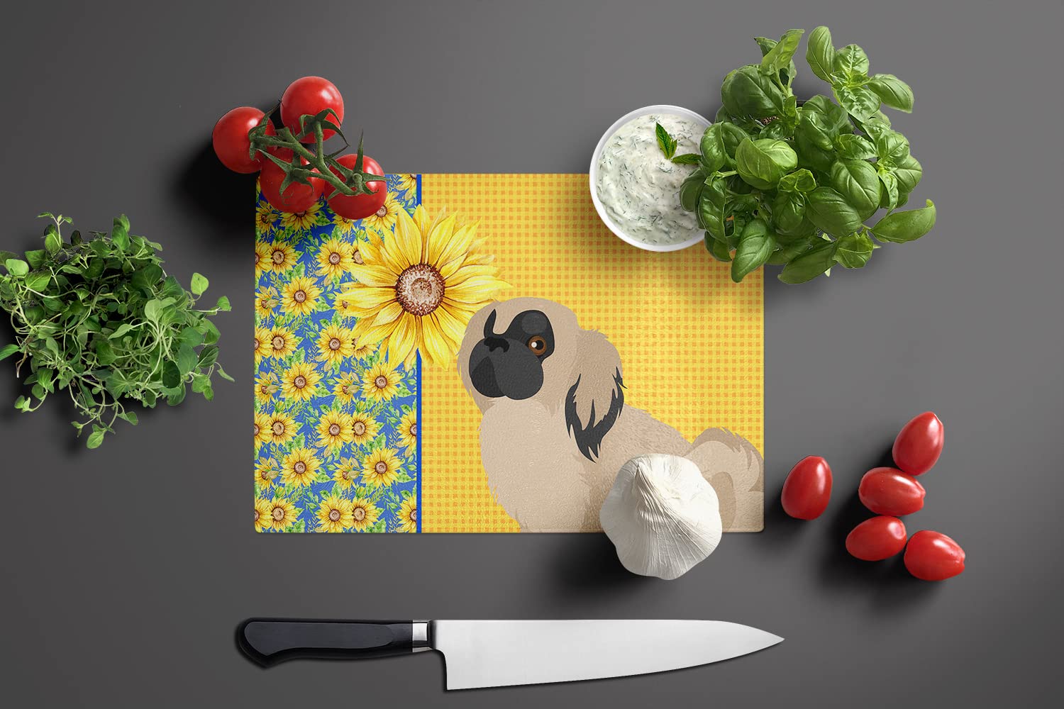 Caroline's Treasures WDK5453LCB Summer Sunflowers Cream Pekingese Glass Cutting Board Large Decorative Tempered Glass Kitchen Cutting and Serving Board Large Size Chopping Board