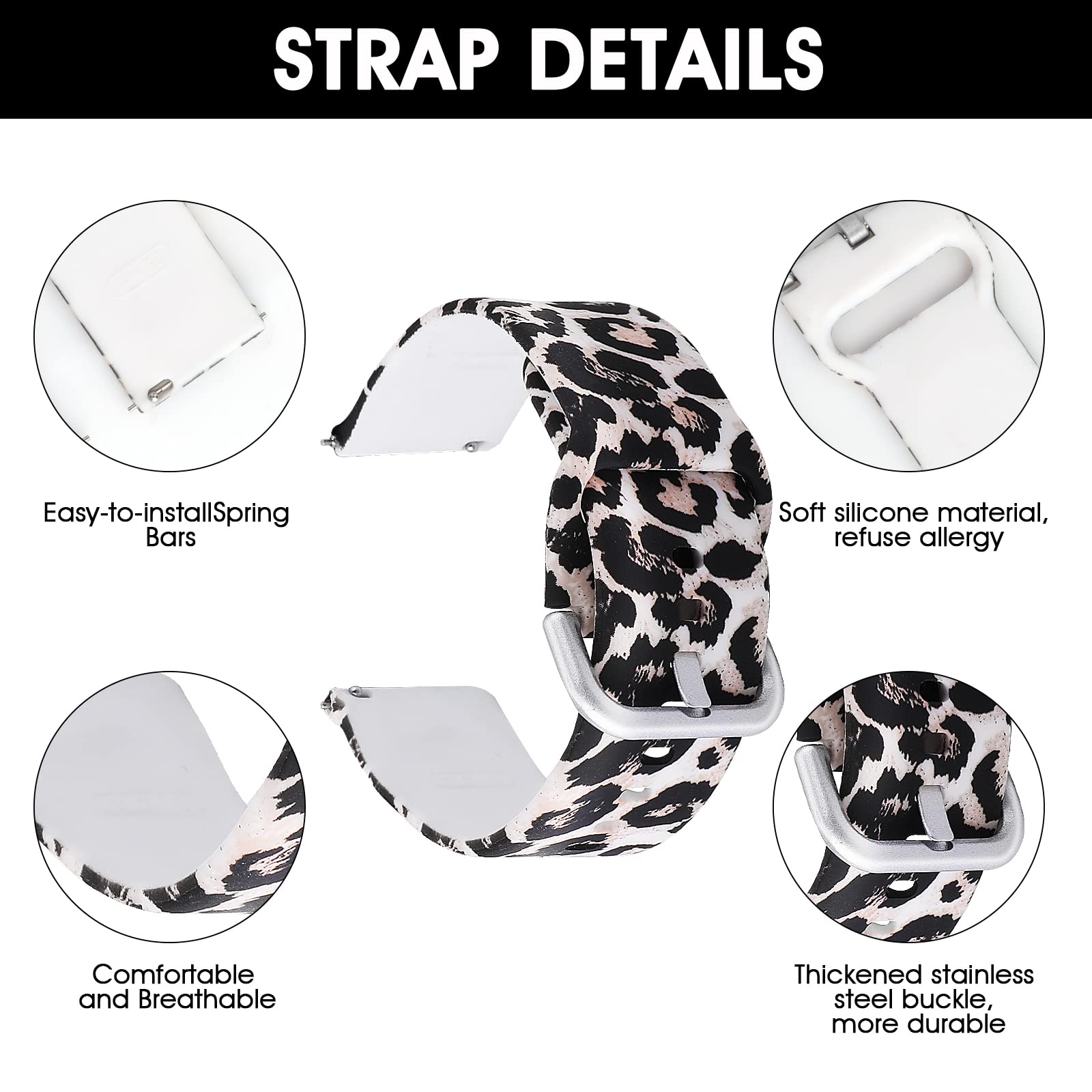 cobee Single-Sided Printed Sport Bands, Smart Watch Straps, Silicone Watch Strap Compatible with Smart Watch Sport Watch (22mm, Leopard Print)