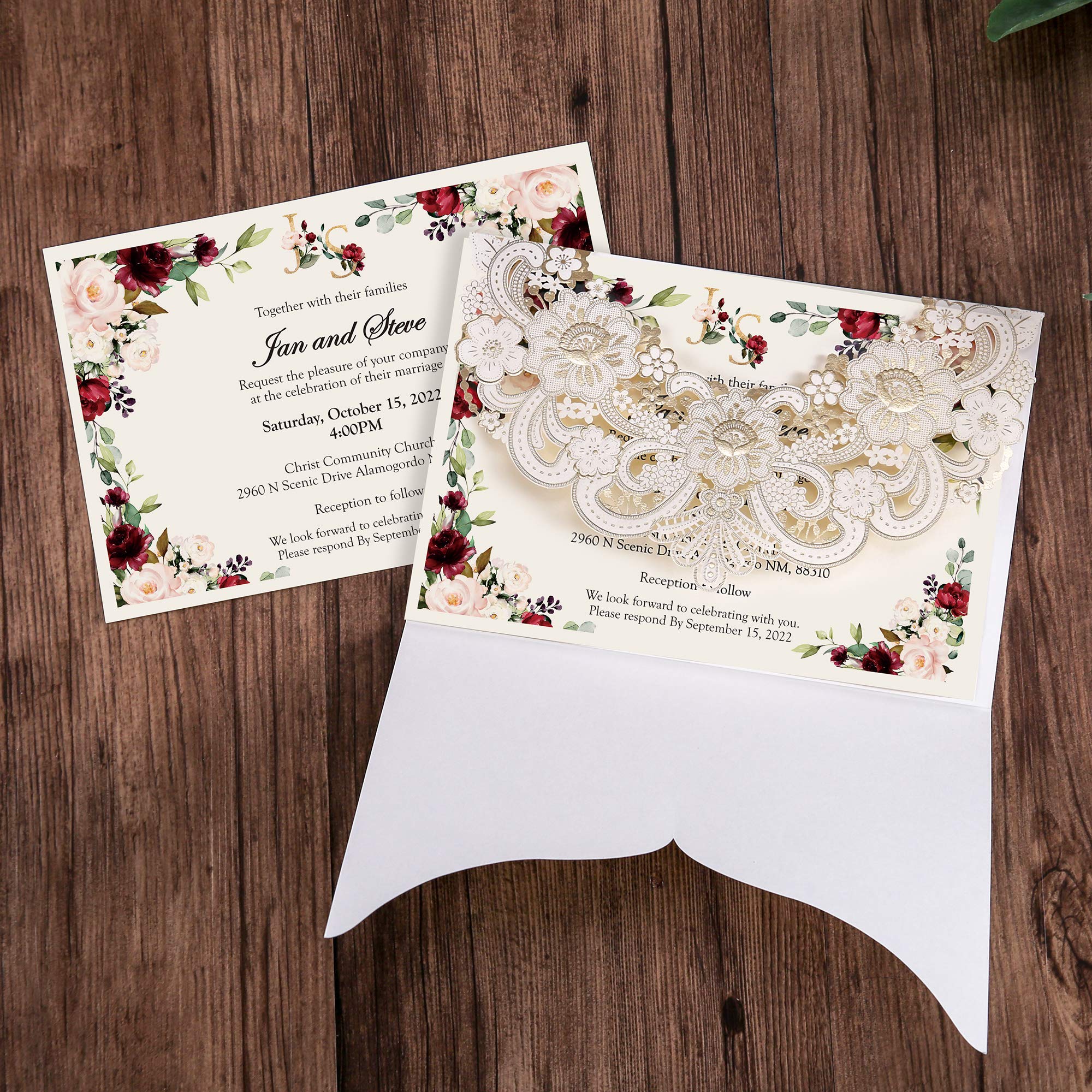 DORIS HOME 50pcs Gold BLANK Laser Cut Flora Lace invitation Cards with Envelopes for Wedding Invitations, Bridal Shower, Engagement, Birthday, Bachelorette Party, Baby Shower