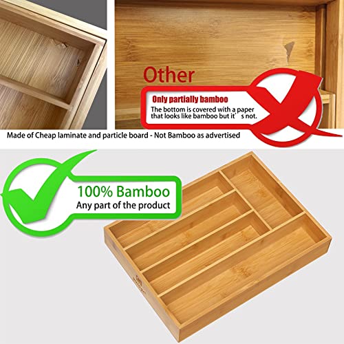 guiogc Kitchen Bamboo Silverware Drawer Organizer,Silverware Organizer and Cutlery Tray with Grooved Drawer Dividers for Silverware, Knives in Kitchen, Bedroom (5 Slot-Natural)