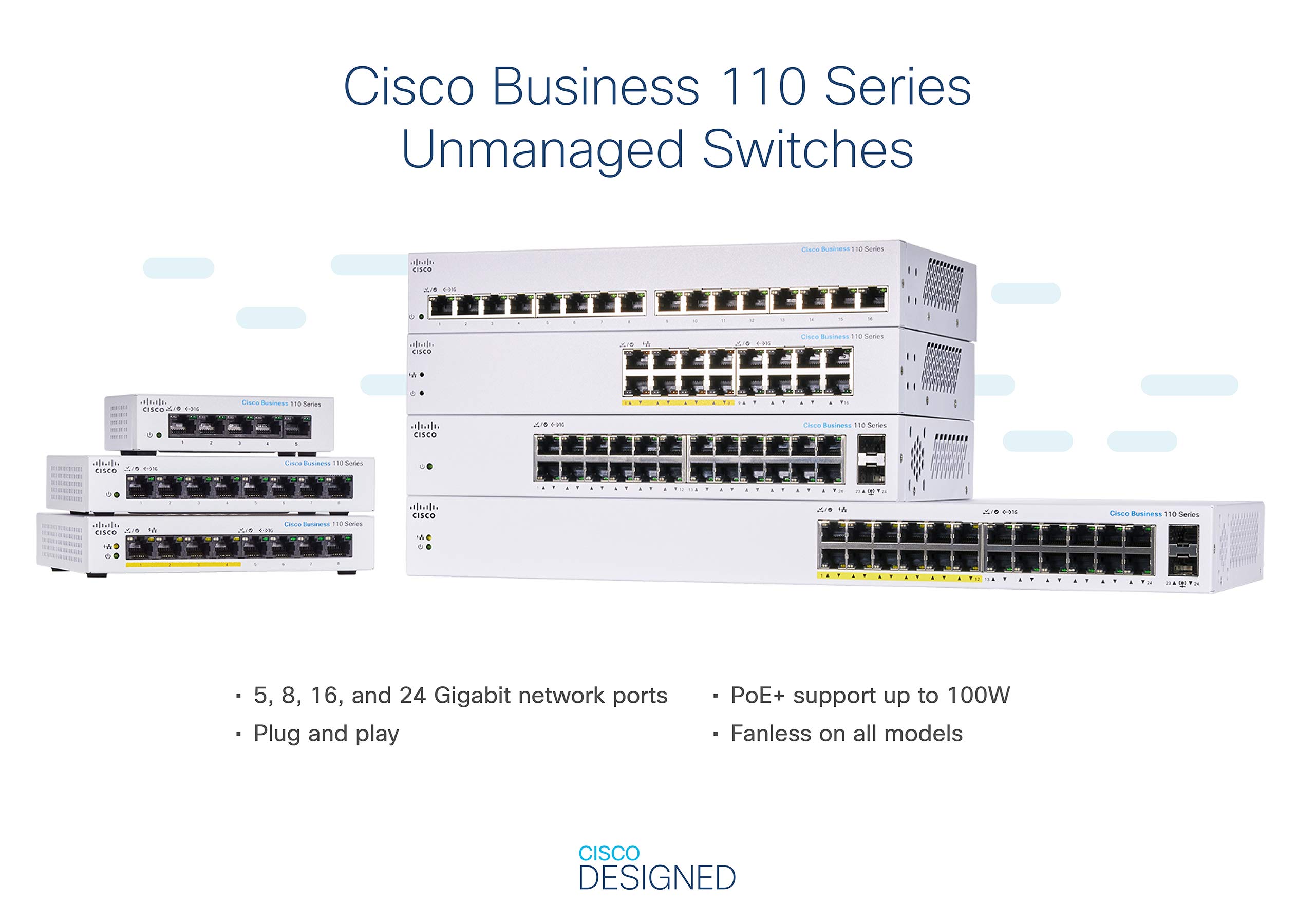 Cisco Business CBS110 Series Unmanaged Gigabit Ethernet Switches | 8 Port | Partial PoE | Desktop | Ext PS | Limited Lifetime Protection