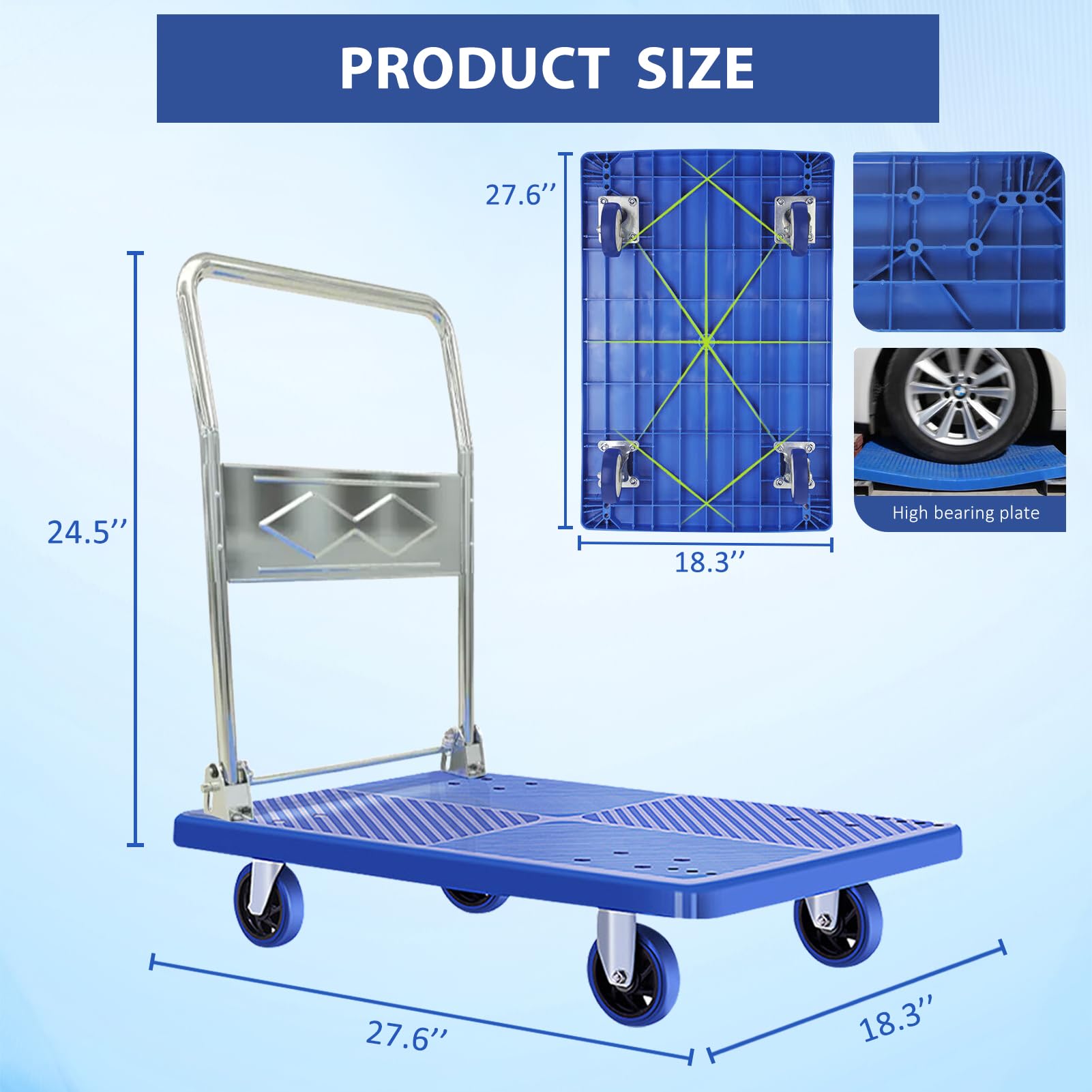 Aysiofdy Foldable Platform Truck｜440 lbs Weight Capacity Hand Truck｜Push Cart Dolly with 360 Degree Swivel Wheels｜Push Cart on Wheels for Easy Storage and Loading｜Blue