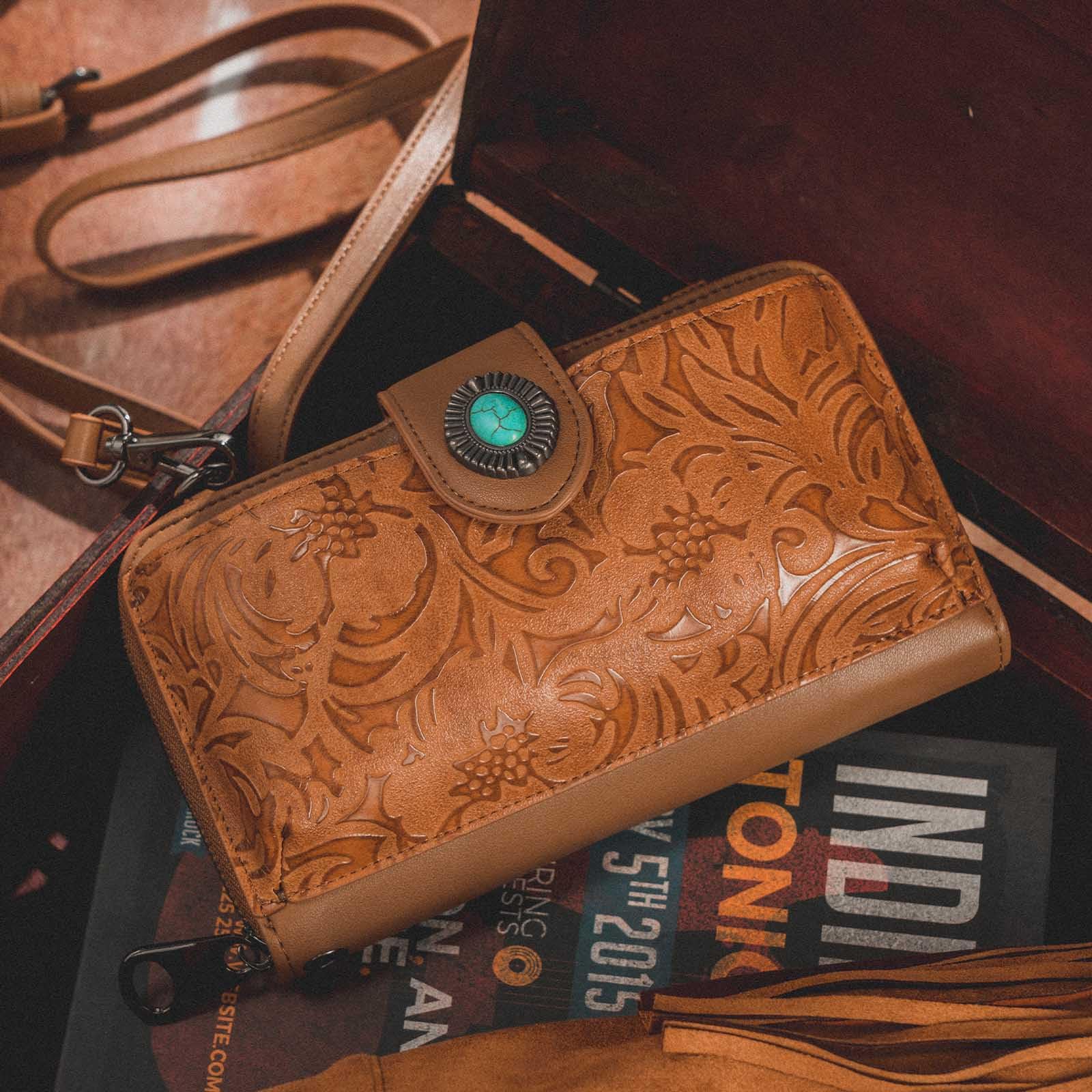 LAVAWA Women's Crossbody Handbag Small Vintage, Ladies Wallet Western Adjustable Phone Purse Clutch Turquoise Concho Embossed