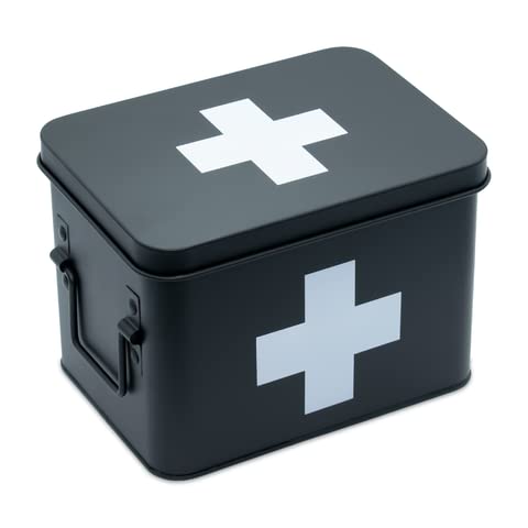 AQ - Matte Black & White First Aid Box, First Aid Kit Tin with Compartments, Side Handle & Minimalist Design, Portable First Aid Tin for Your Car, Camping, Office, Clinics, Keep Supplies Organized