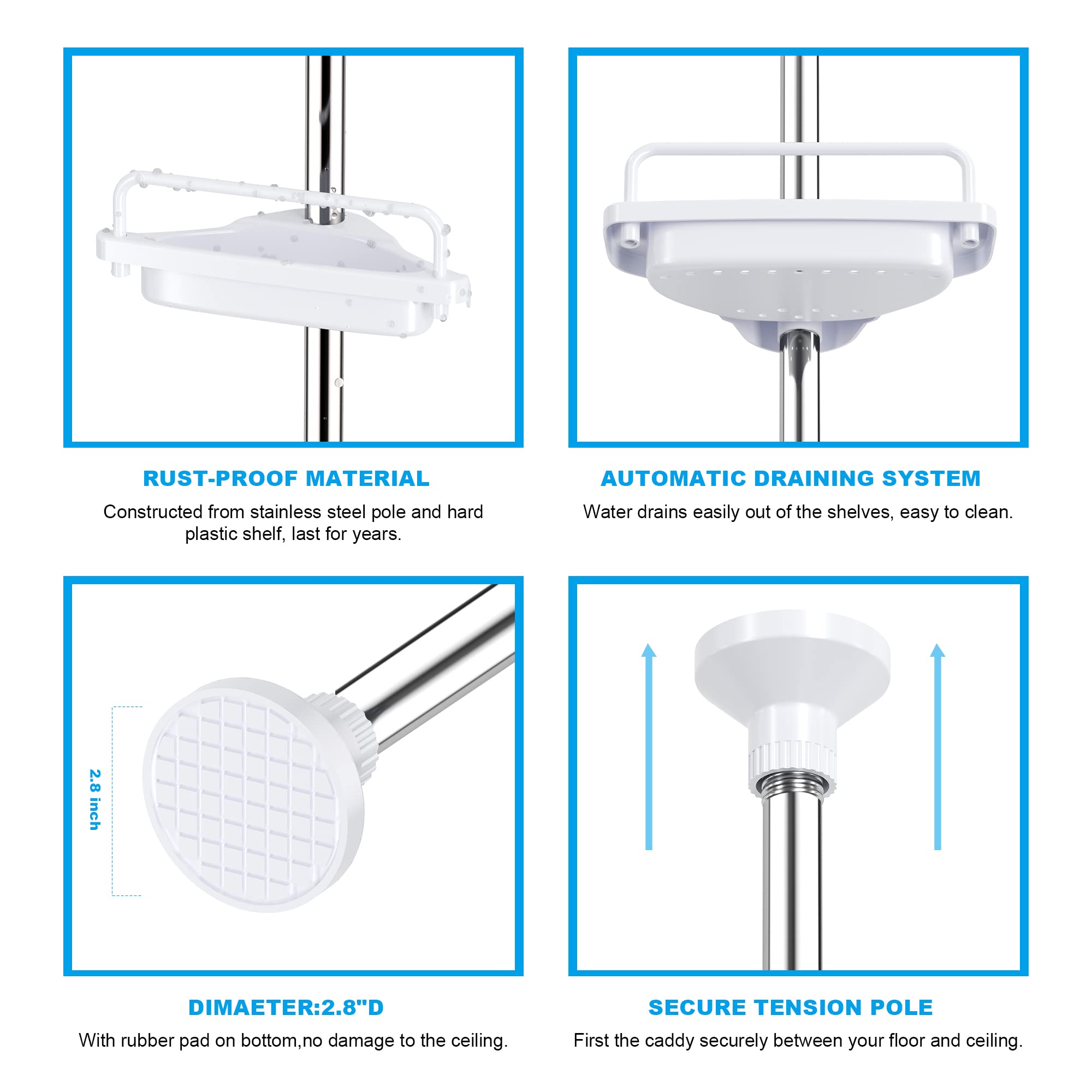 FRDECON Rustproof Shower Caddy Corner for Bathroom, 4-Tier Tension Pole Stainless Steel Shower Organizer, 56 to 115 Inch Adjustable Bathtub Shower Shelf Storage with 1 Tower Bar, White