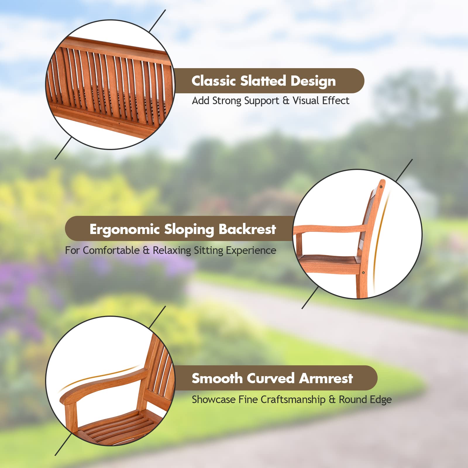 DORTALA 50'' Patio Wooden Bench, Eucalyptus Wood Loveseat with Ergonomic Backrest, Curved Armrests, Sloping Seat, Garden Slatted Bench, Ideal for Patio, Porch, Yard, Lawn, 705 lbs Weight Capacity
