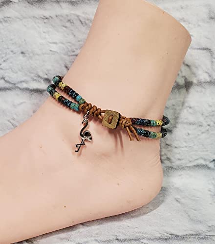 Beaded Leather Wrap Anklet Women Handmade Leather Ankle Cuff Bracelet 10 Inches Flamingo Charm