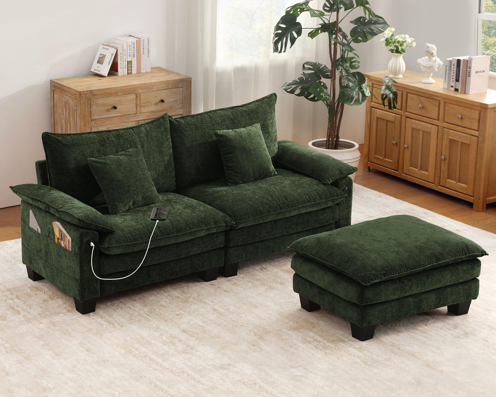 DURASPACE Modular Sectional Sofa 144'' Cloud Couch U Shaped 4-Seater Sectional Couches with 2 Movable Ottoman, USB, Comfy Sectionals Sofa for Living Room (Chenille Green)