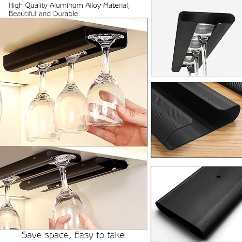 AQJUNONG Wine Glass Holder Under Cabinet,Aluminum Wine Glass Rack 2 Pack, Under Cabinet Wine Glass Holder, Under Shelf Mounted Stemware Rack for Bar Kitchen, Hanging Stemware Rack.(Black)