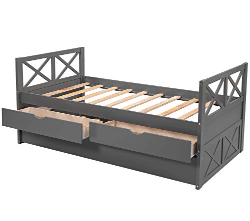 GLORHOME Twin Platform Bed,Multifunctional Wood Storage DayBed Sofa Bed Frame with Trundle and Two Drawers for Living Room Bedroom, Grey