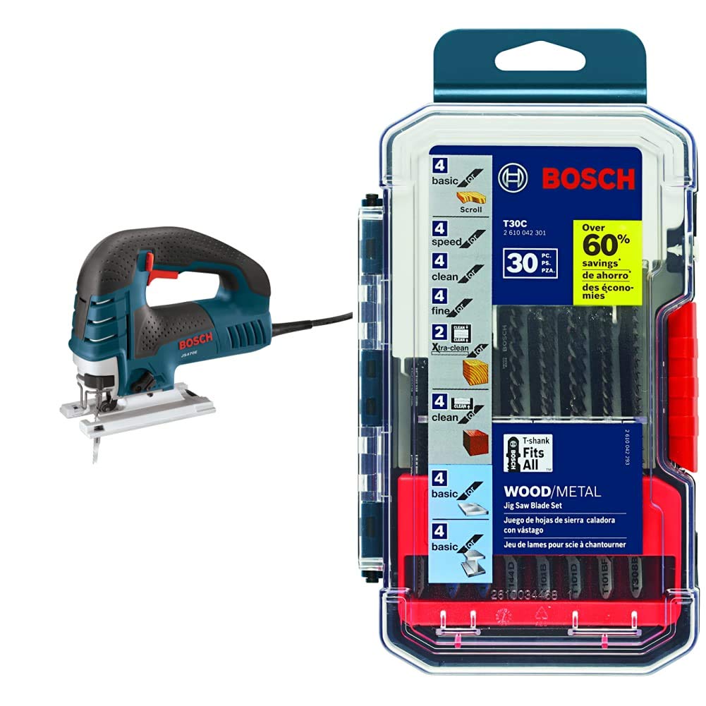 Bosch Power Tools Jig Saws - JS470E Corded Top-Handle Jigsaw - 120V Low-Vibration, 7.0-Amp Variable Speed and T-Shank Jig Saw Blade Set T30C, 30 Pieces, 3-1/4'' - 4-5/8'', 6-24 TPI