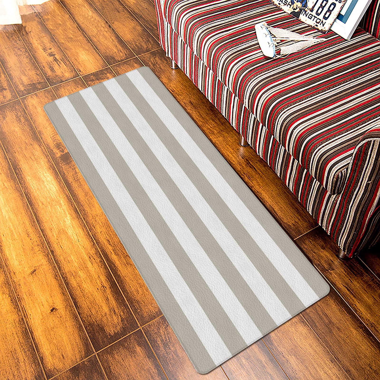 Beige Geometric Stripe Farm House Antifatigue Kitchen Bath Door Mat Cushioned Runner Rug,Washable Welcome Floor Sink Mat,Rustic Contemporary Waterproof Non-Slip Comfort Standing Doormat,18"x47"