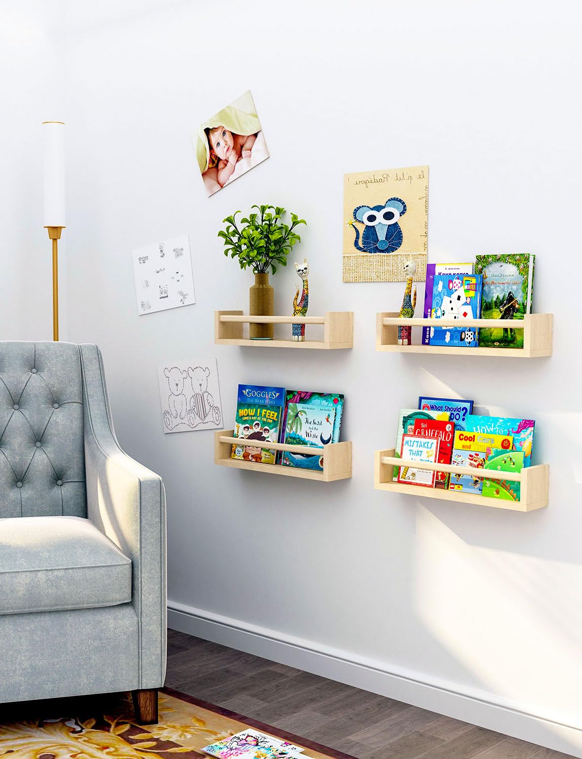 Bidami Nursery Book Shelves ， Kids Book Shelf for Wall (16.5x3.8x4)