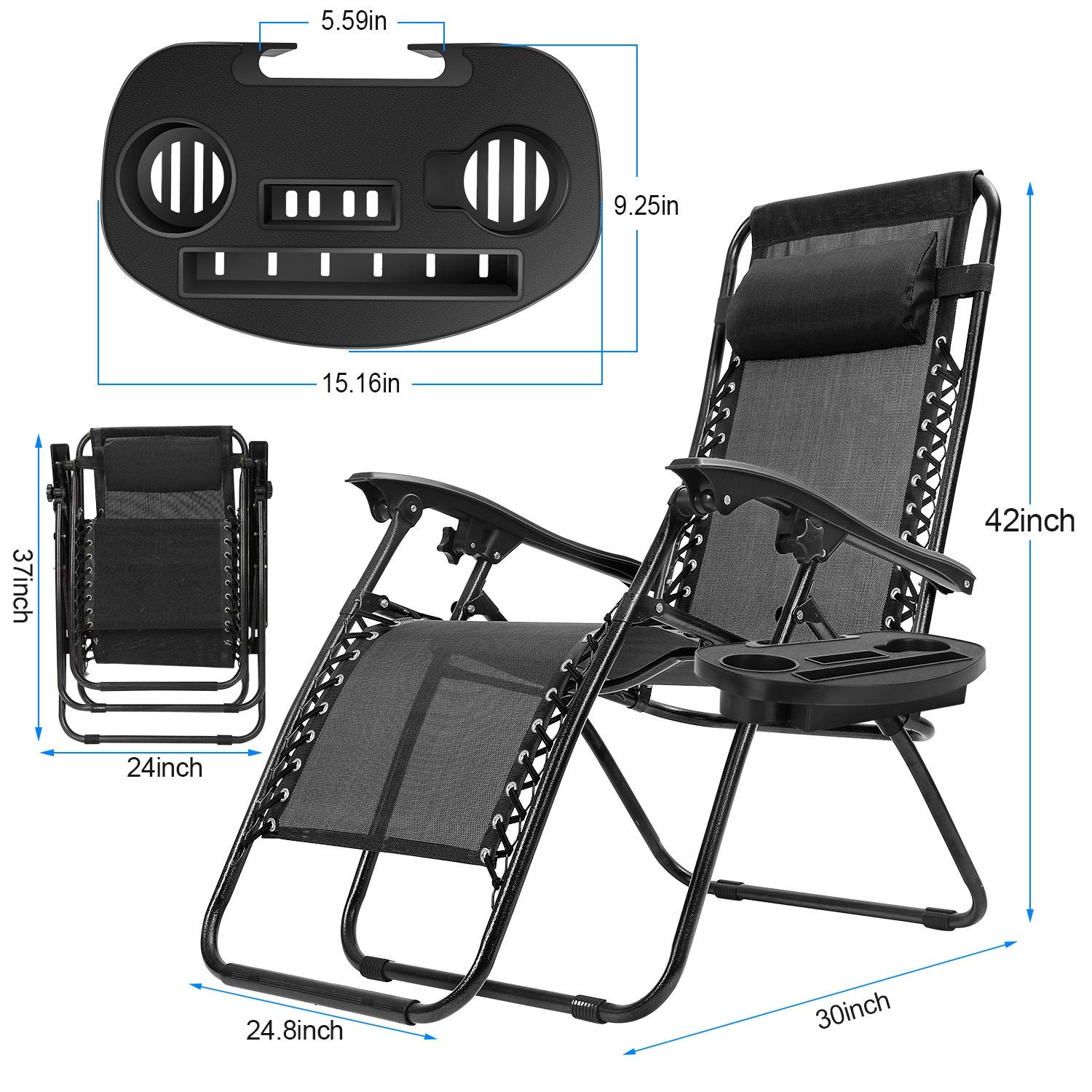 iMounTEK Set of 2 Adjustable Zero-Gravity Reclining Outdoor Lounge Chairs w/Pillows & Cup Holder Side Tray, Supports 330lbs, for Patio, Porch, Deck, Poolside, Beach, Lawn, Yard - Black/Blue/Brown/Tan