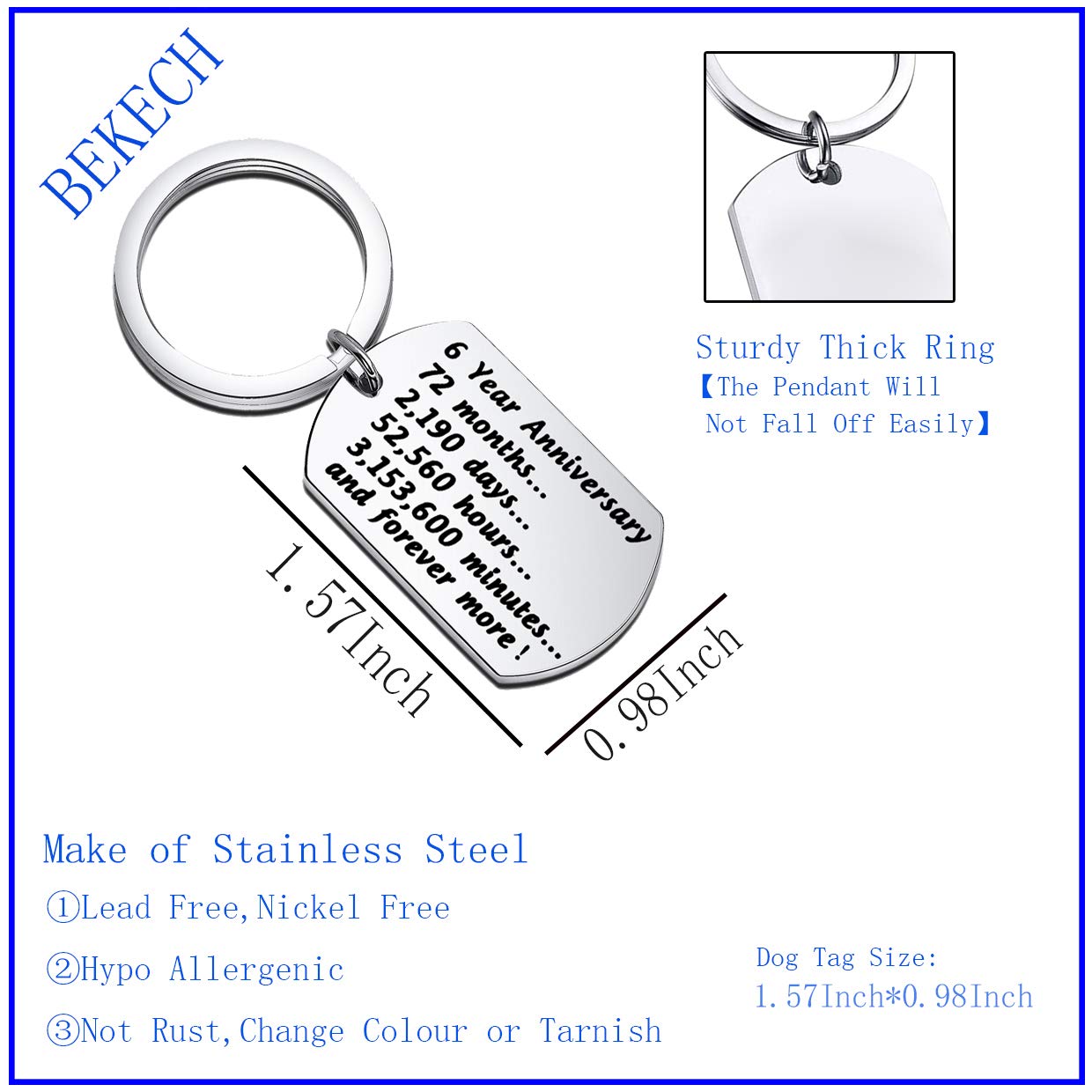 BEKECH Wedding Anniversary Keychain Happy 2rd 6th 7th Anniversary Keyring Gift Wedding Anniversary Keepsake for Him Her Anniversary Jewelry(silver 6year)