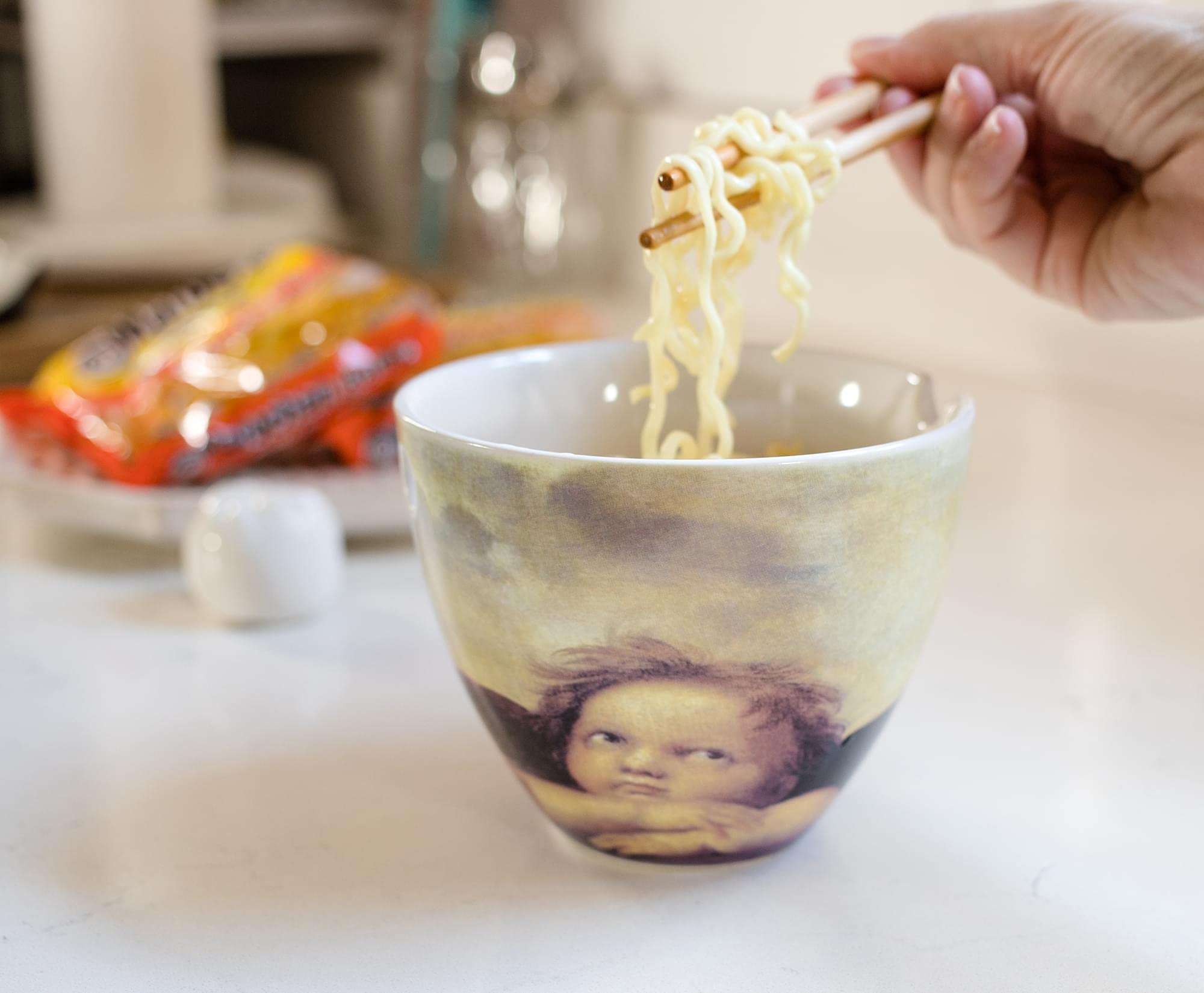 Bowl Bop Cherub Fine Art Japanese Ceramic Dinnerware Set | Includes 16-Ounce Ramen Noodle Bowl and Wooden Chopsticks | Asian Food Dish Set for Home & Kitchen