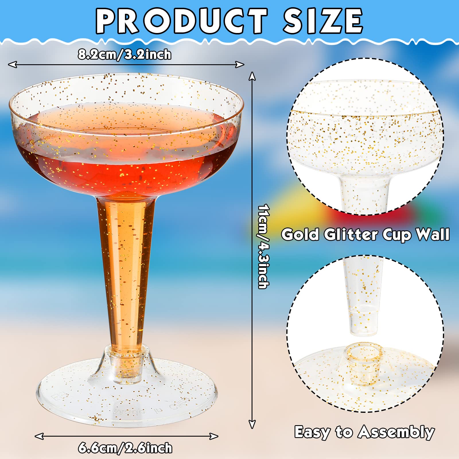 Censen 100 Pcs 4 oz Plastic Martini Glasses Cocktail Glasses Champagne Coupe Transparent Margarita Cups Gold Disposable Party Stemware for Wine Dessert Birthday Wedding(Glitter)