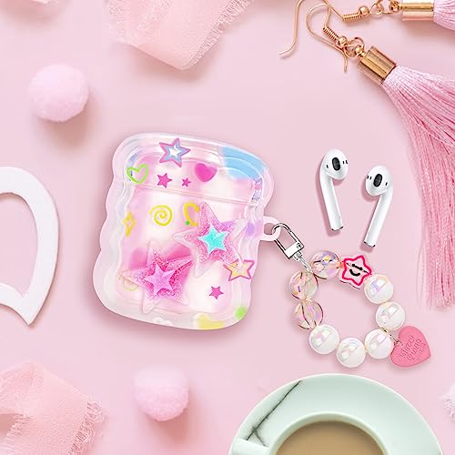 Cute AirPods Case with Love Pendant Colorful Round Bead Keychain, Glitter 3D Stars Design Soft Protective Cover Compatiable with AirPods 2nd & 1st Generation Case