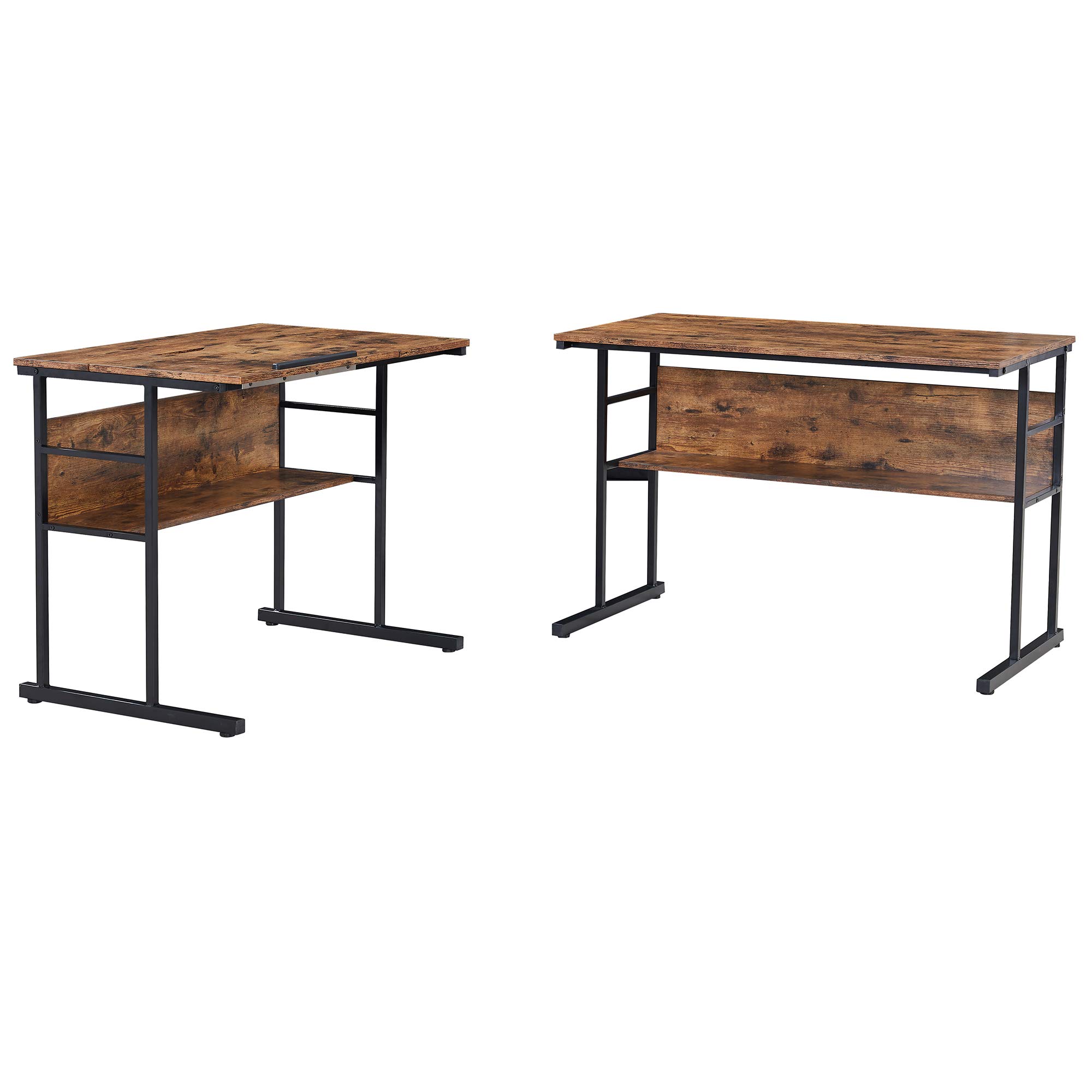 blackwolf 67 inches L-Shaped Desk, Corner Computer Desk with Bottom Bookshelves & CPU Stand, Drafting Drawing Table with Tiltable Desktop, Corner Desk Computer Workstation Home Office Desk (Brown)