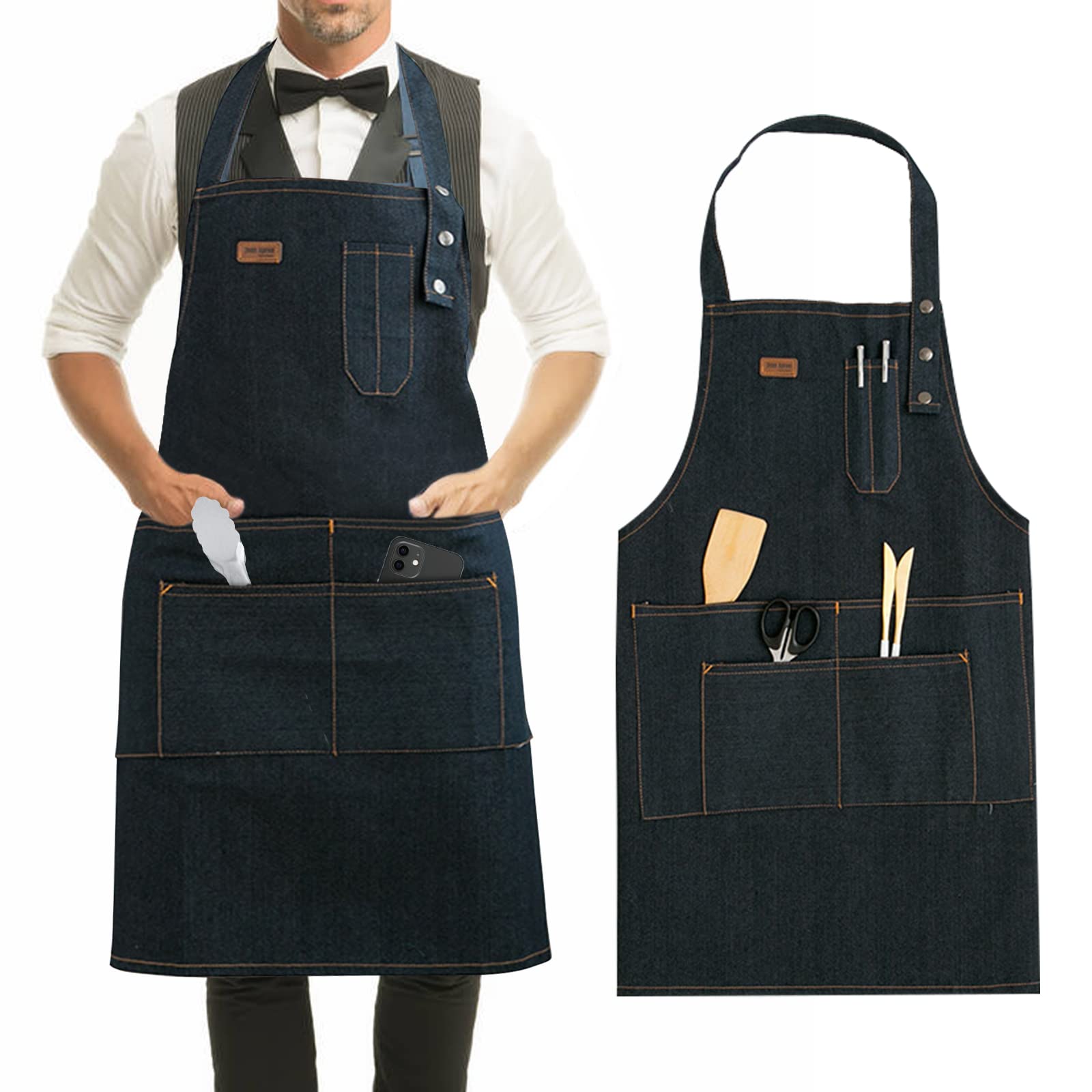 BICHIKEY Kitchen Cooking Apron for Women Men with Large Pockets, Adjustable Neck Strap Chef Apron, Perfect for Barber, BBQ, Waitress, Workshop, Gardening