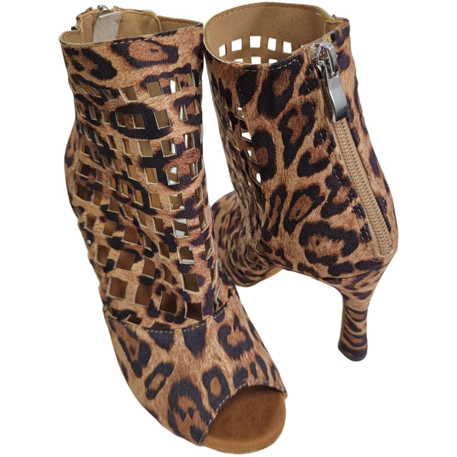 Beinimira Womens Hollow Out Latin Dance Shoes Peep Toe Mid Heel Leopard Boots Tango Latin Ballroom Chacha Leopard US 8.5