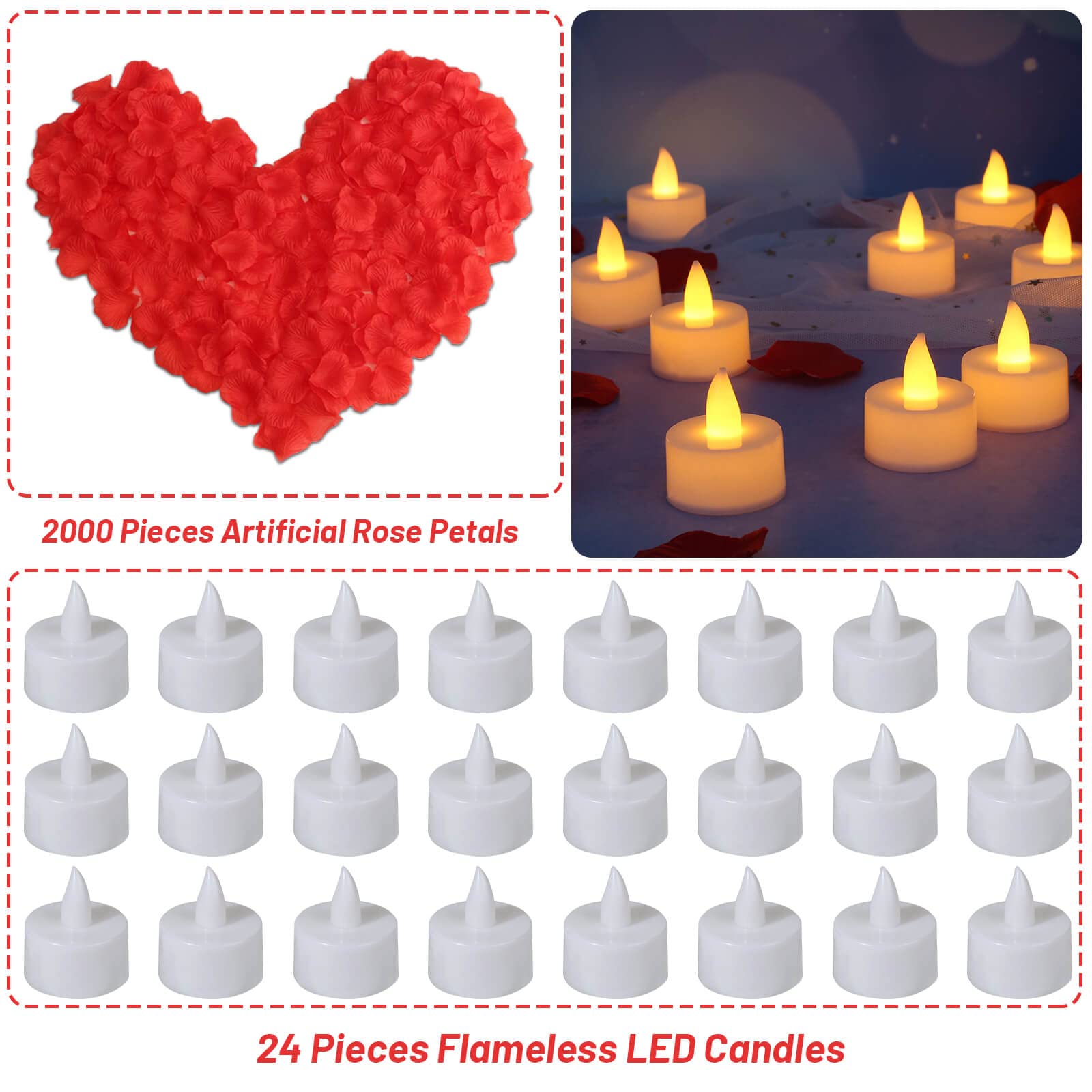 cridoz Romantic Decorations Special Night Set, 24 Pieces LED Tea Lights Candles and 2000 Pieces Artificial Rose Petals for Romantic Night, Valentine's Day, Wedding Anniversary or Table Décor