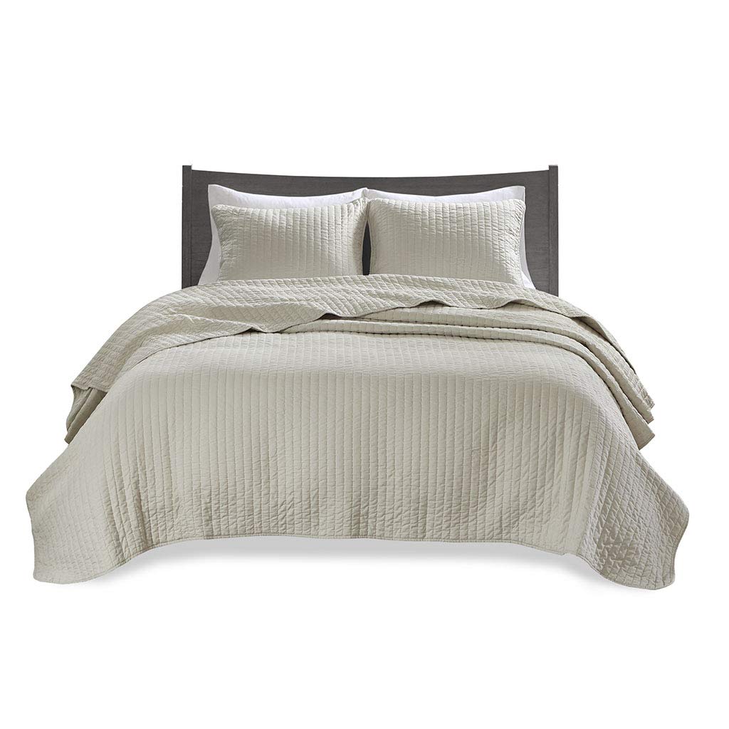 Madison Park Keaton Quilt Set-Casual Channel Stitching Design All Season, Lightweight Coverlet Bedspread Bedding, Shams, Full/Queen(90"x90"), Stripe Cream, 3 Piece