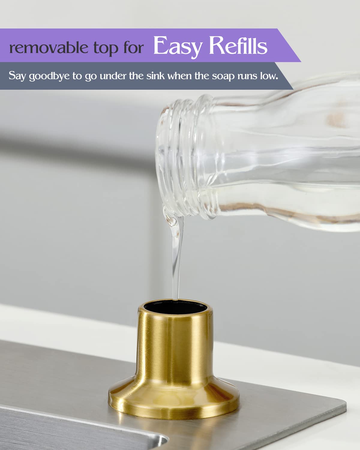 Built in Soap Dispenser for Kitchen Sink, Stainless Steel (Gold), Pump Set for Dish Soap or Lotion, Refill from The Top, Sink Soap Dispenser for Countertop, 17 OZ Large