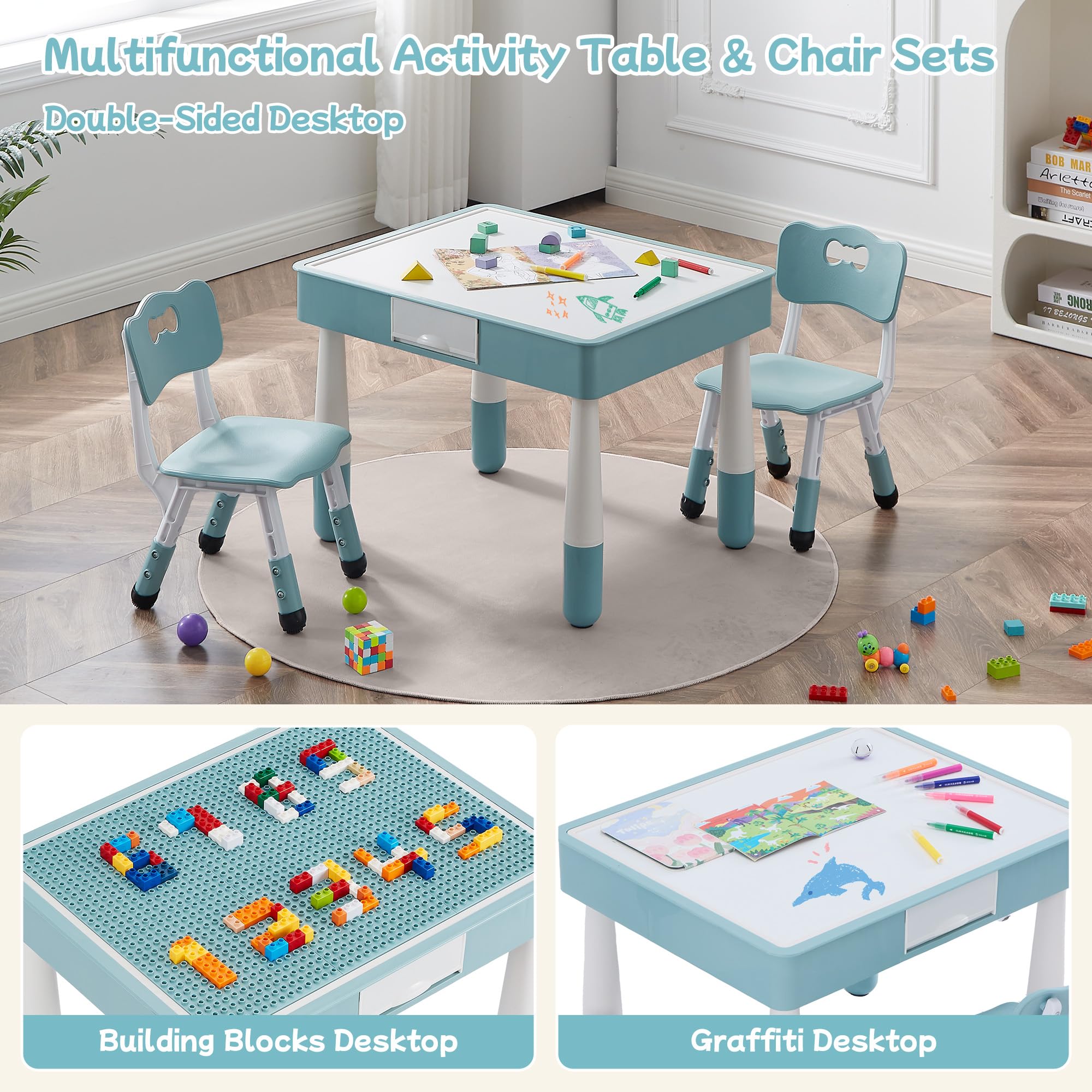 CuFun 4 in 1 Kids Table and 2 Chairs Set, Toddler Table and Chair Set for Kids Ages 3-10, Activity Table for Building Blocks/Drawing/Reading/Dining,Gift for Boy & Girl (Grayish Blue)