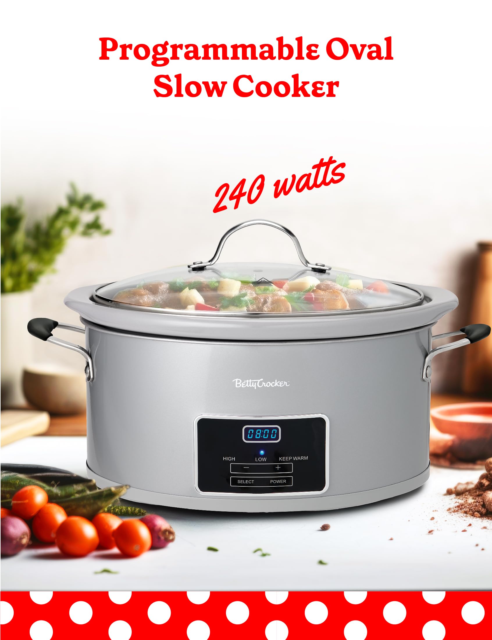 Betty Crocker 6-Quart Oval Digital Slow Cooker, Programmable Crock Pot Up to 20 Hours, Electric Cooking Pot with LCD Digital Display, Removable Stoneware Crock Liner, Betty Crocker Cookbook,Silver