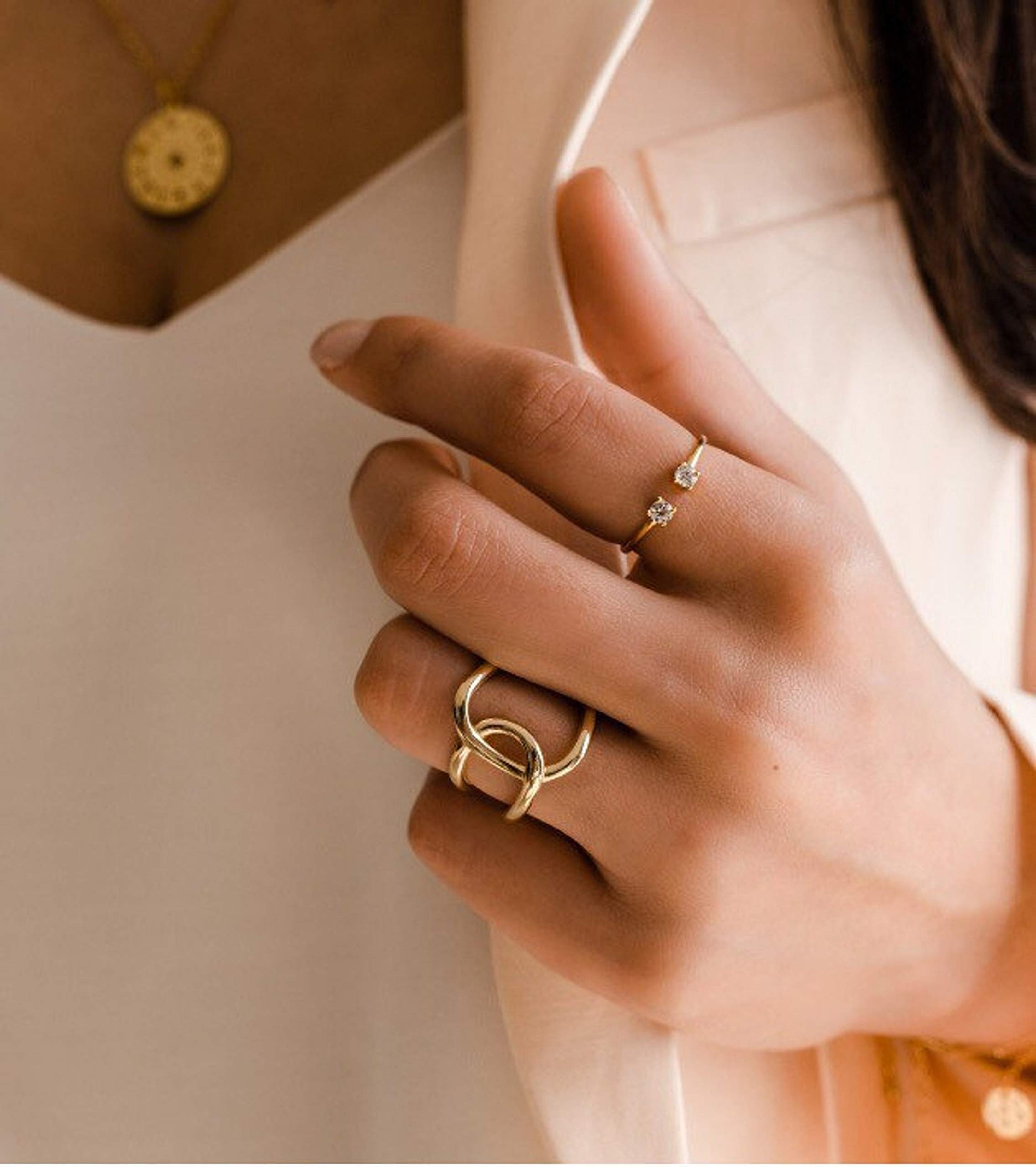 Befettly Gold Dainty V Minimalist Ring Sterling Silver Open Bar CZ Eternity Bands Circle Adjustable Ring for Women(2circle-7)