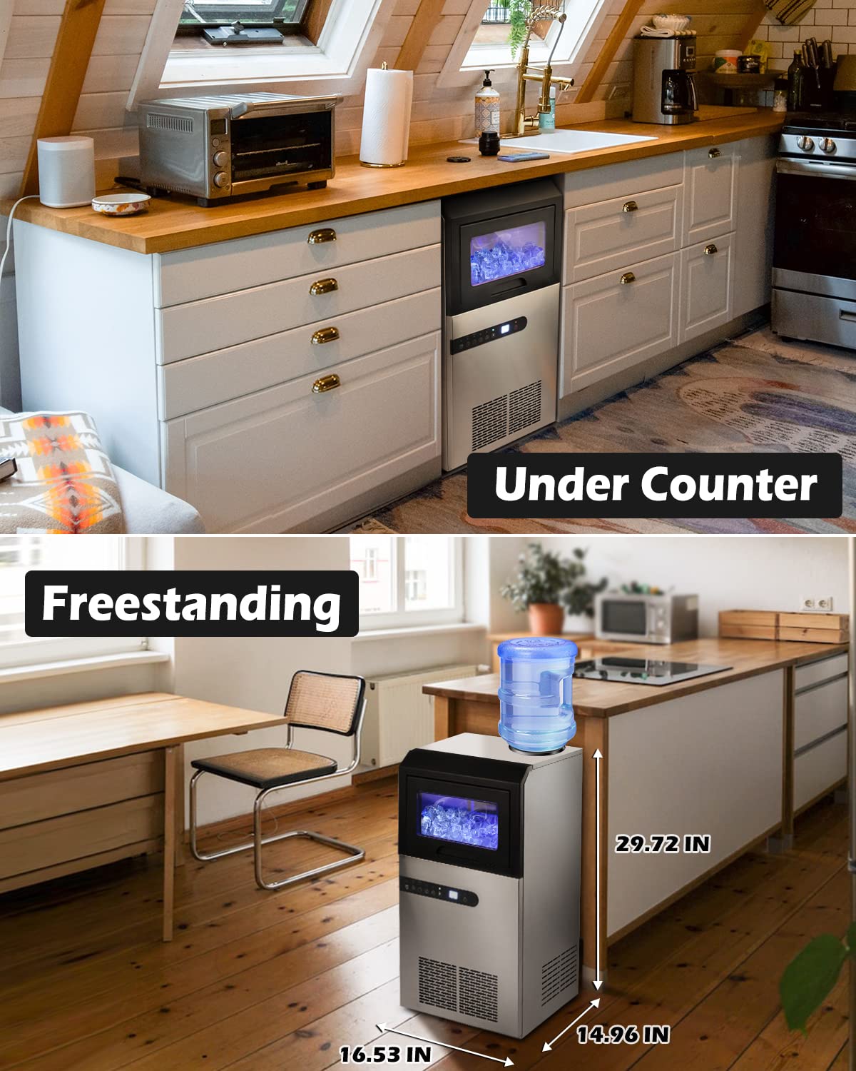 Commercial Ice Machine, 130LBS/24H, 60 Ice Cubes/Cycle Free Standing Under Counter Ice Maker w/Large Ice Bin, 2 Auto Water Inlet Modes, Self Clean, 24H On/Off Timer for Home Party & Business
