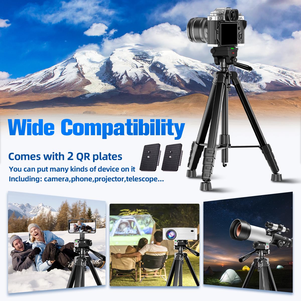Camera Tripod, 74" DSLR Camera Tripod with 2 QR Plates for Sony/Nikon/Canon, Lightweight Video Tripod Stand for Travelling, Phone Tripod with Fluid Head/Phone Holder/Wireless Remote Max.Load 6kg 175