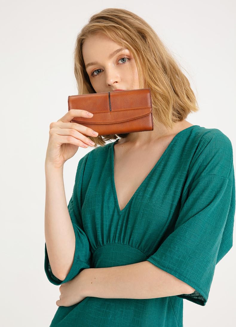 LETEULO Womens Real Leather Wallets Handmade Ladies Clutch Card Organizer Holder (Coffee)