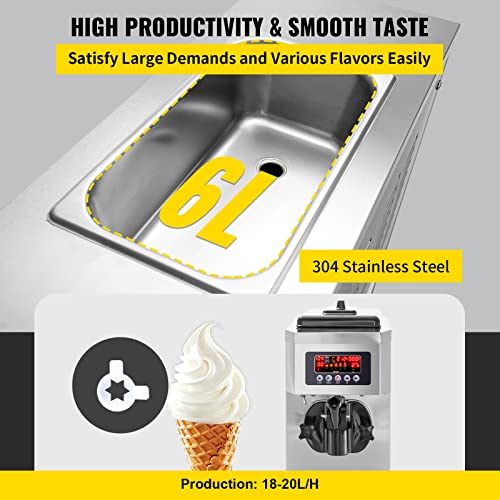 VEVOR Commercial Ice Cream Machine, 4.7-5.3Gal/H Soft Serve Machine, Single Flavor Ice Cream Maker, 1500W Countertop Soft Serve Ice Cream Machine with 1.6Gal Tank, LCD Panel, 6 Magic Heads