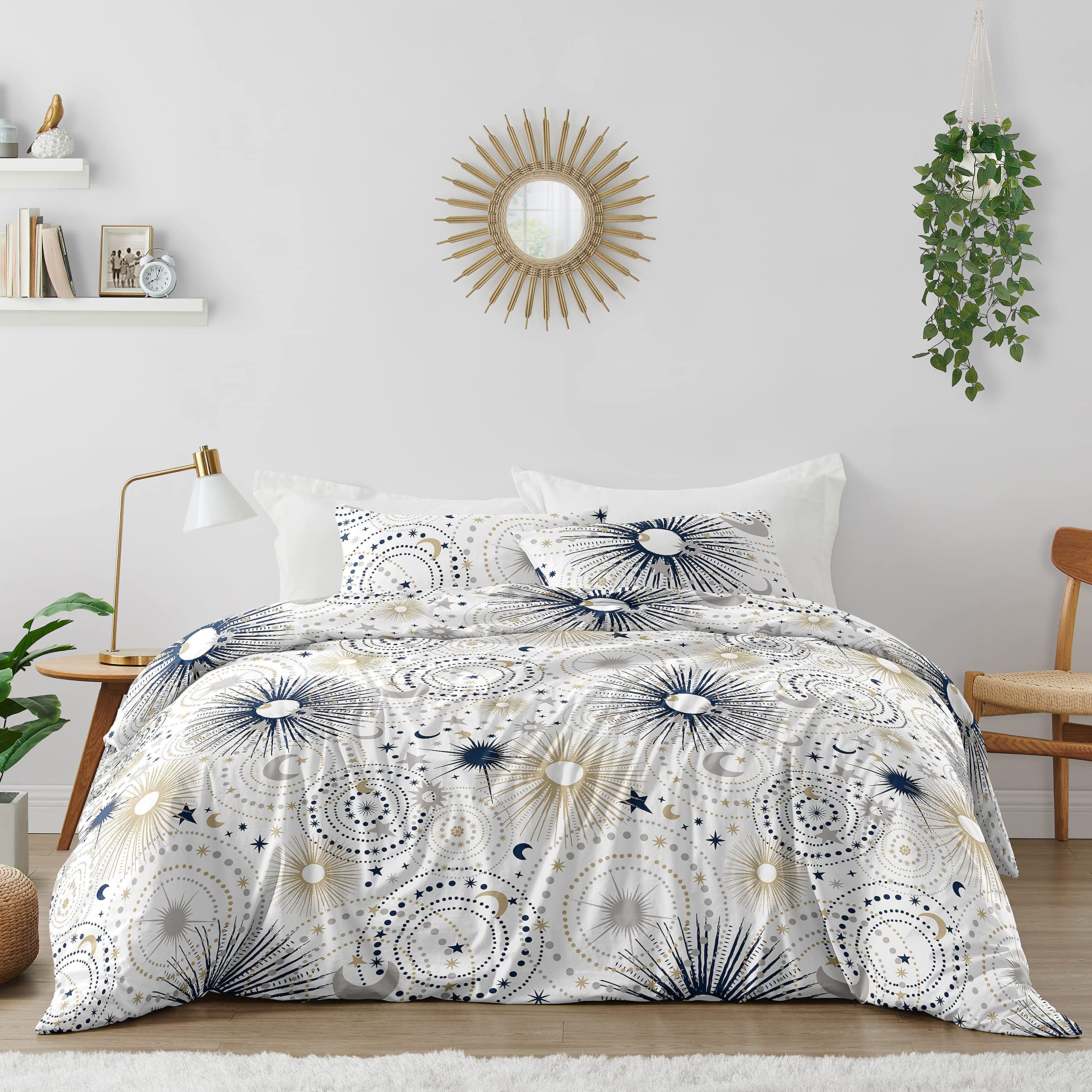 Sweet Jojo Designs Star and Moon Boy or Girl Full/Queen Bedding Set Kids Comforter Childrens Size - 3 Pieces - Navy Blue, Gold, and Grey Celestial Sky Stars Gender Neutral Unisex