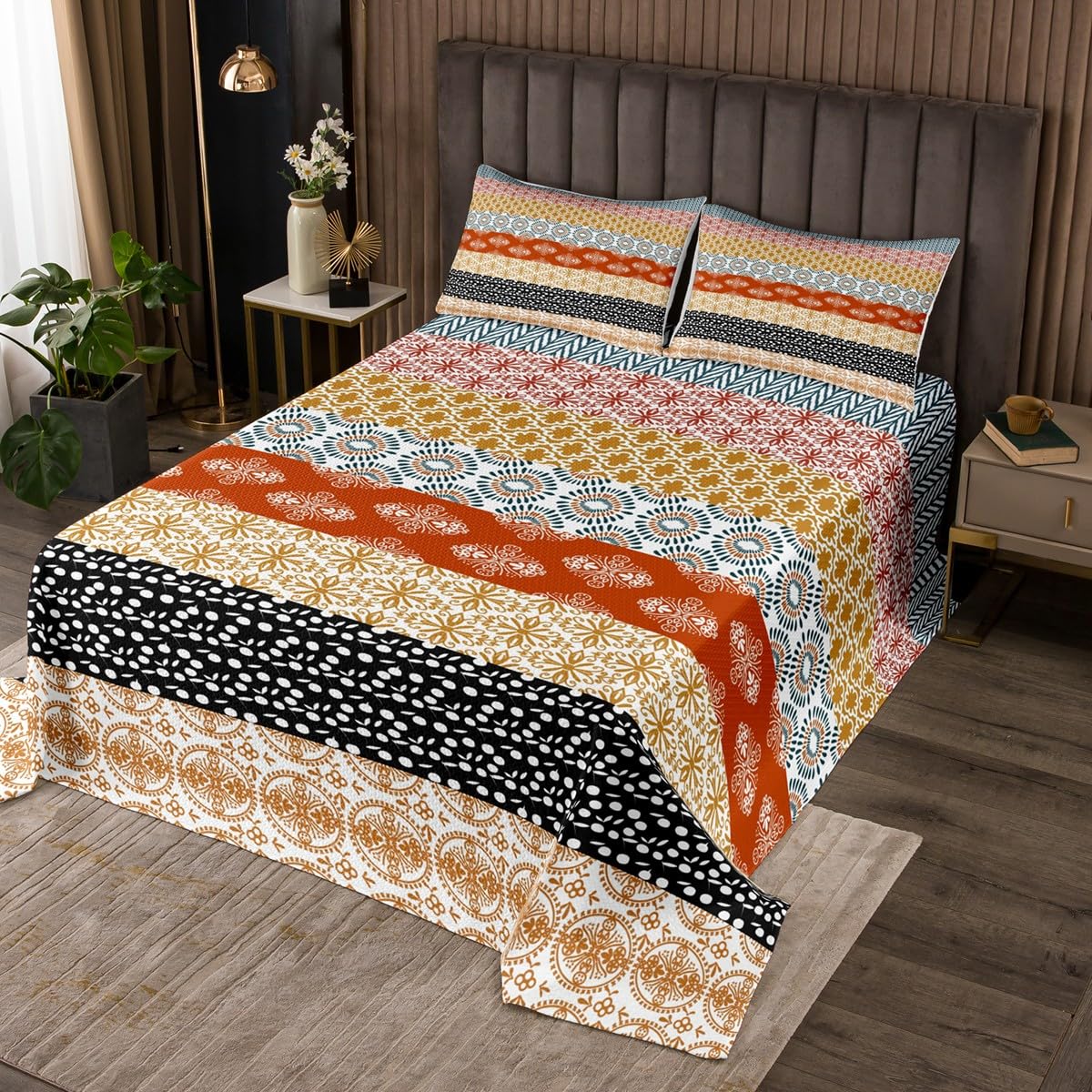 Bohemian Stripe Coverlet Set King Size Turquoise Orange Boho Bedspread for Kids Boys Girls Exotic Floral Folkloric Decor Quilted Coverlet Colorful Retro Farmhouse Bedspreads Quilt Set