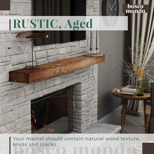 BoscoMondo 48 Inch Fireplace Mantel - Solid Rustic Wood - Wall Mounted Floating Farmhouse Shelf - with Invisible Heavy Duty Metal Bracket (48", Dark Brown)