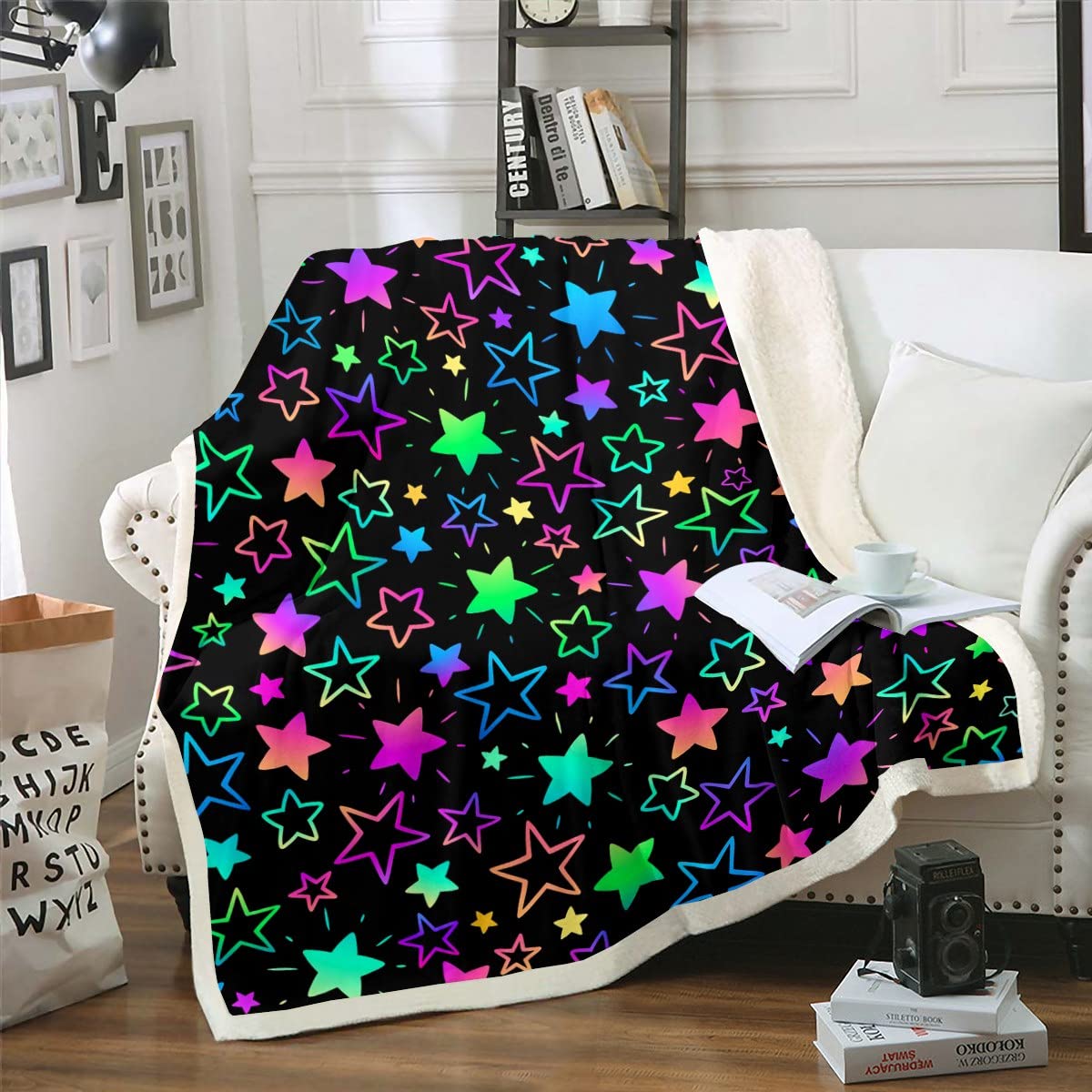 Kawaii Glitter Stars Throw Blanket for Bed Rainbow Glowing Star Fleece Blanket Psychedelic Space Cosmos Travel Blanket Queen Size Colorful Neon Light Star Blanket Girls Cute Fuzzy Blanket Cozy