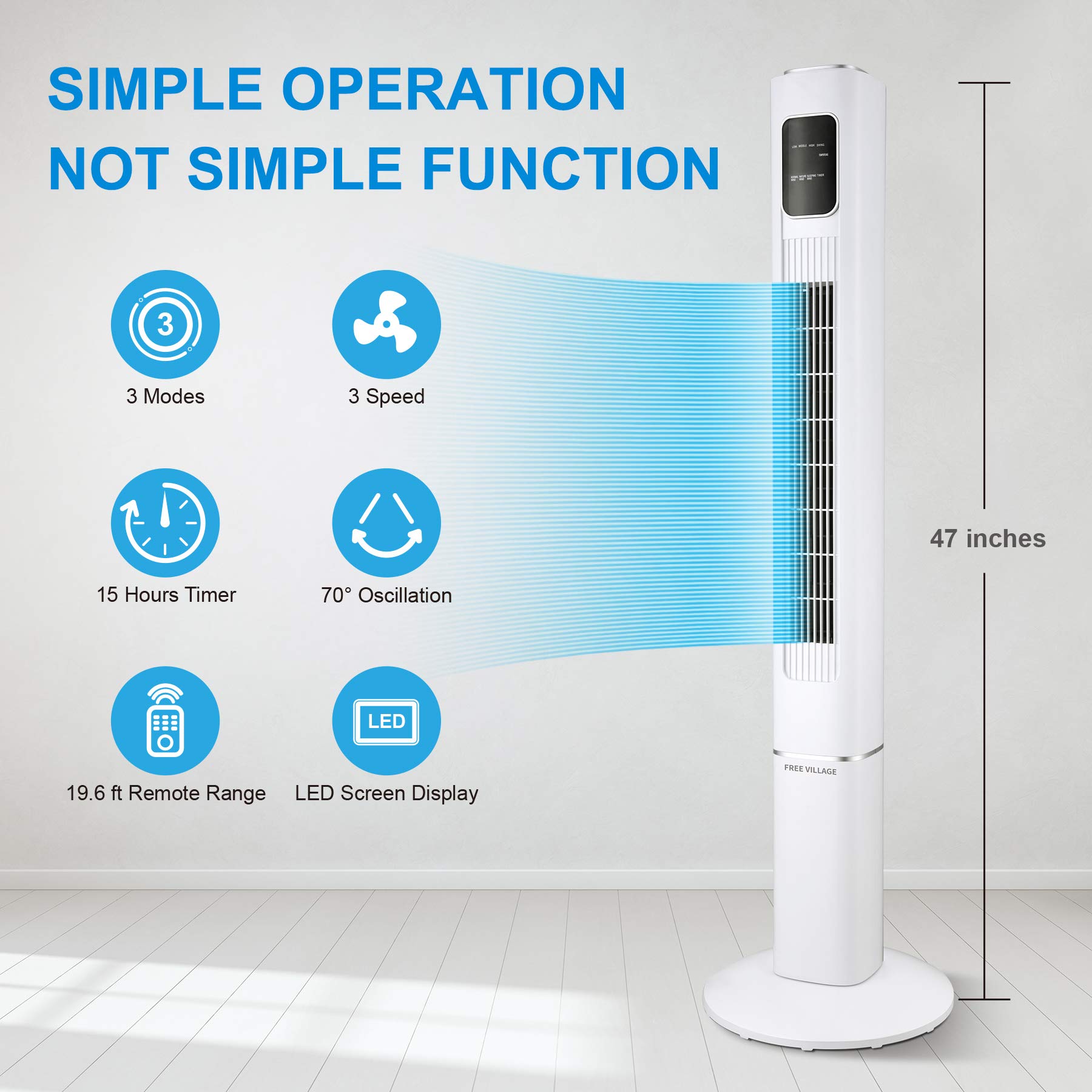 FREE VILLAGE 47'' Bladeless Tower Fan - 47 Inch Portable Tower Fan with Remote, 15 Hours Timer, 70¡ã oscillation, LCD Display, Compact Size, 3 Modes and 3 Speed Settings, Safe for Kids and Pets, White
