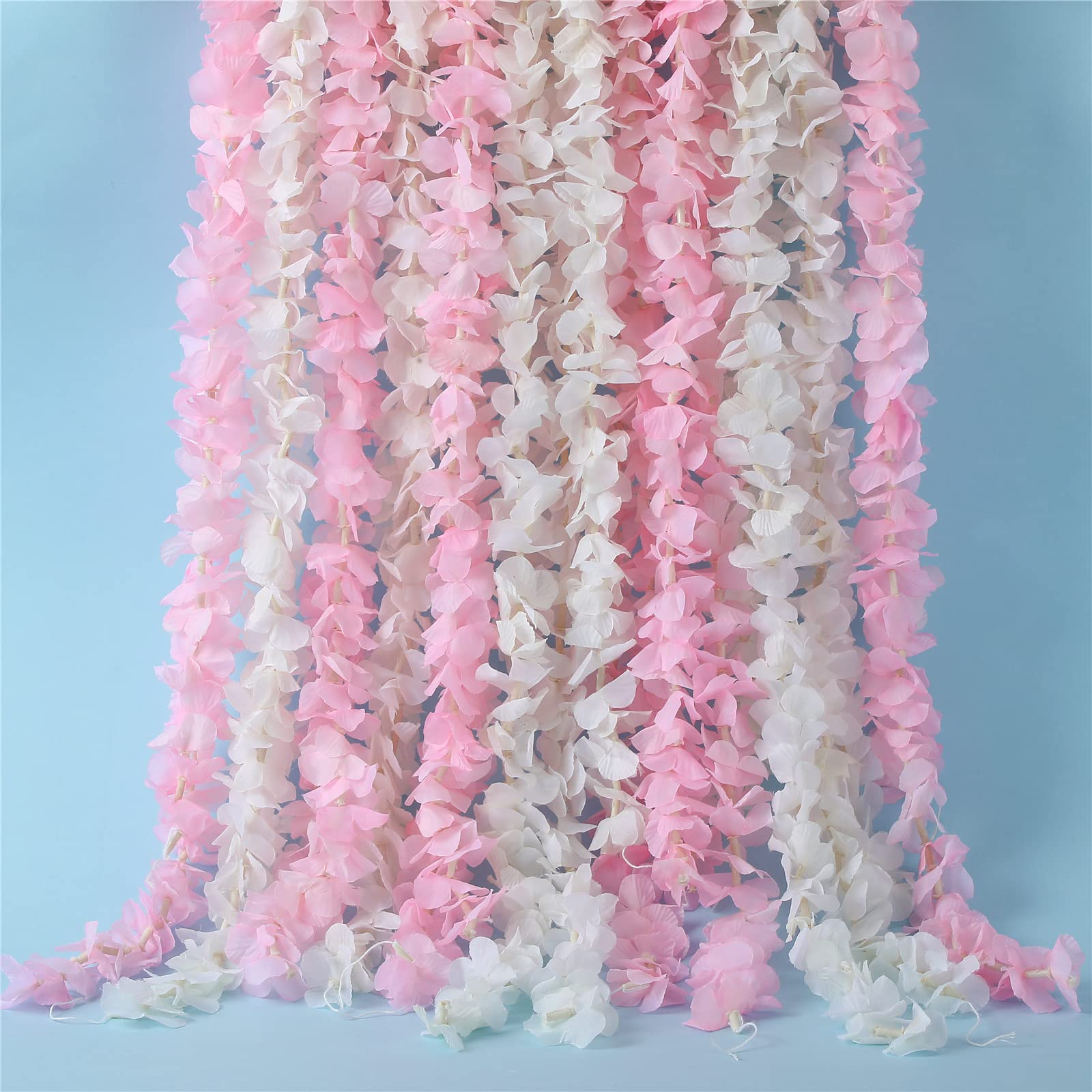 Luinabio 12 Pack 43.2 ft Wedding Artificial Silk Wisteria Vine Fake Hanging Flower Vine Garland Wall Plants Flower String for Home Outdoor Wedding Party Arch Garden Wall Home Decor, White and Pink